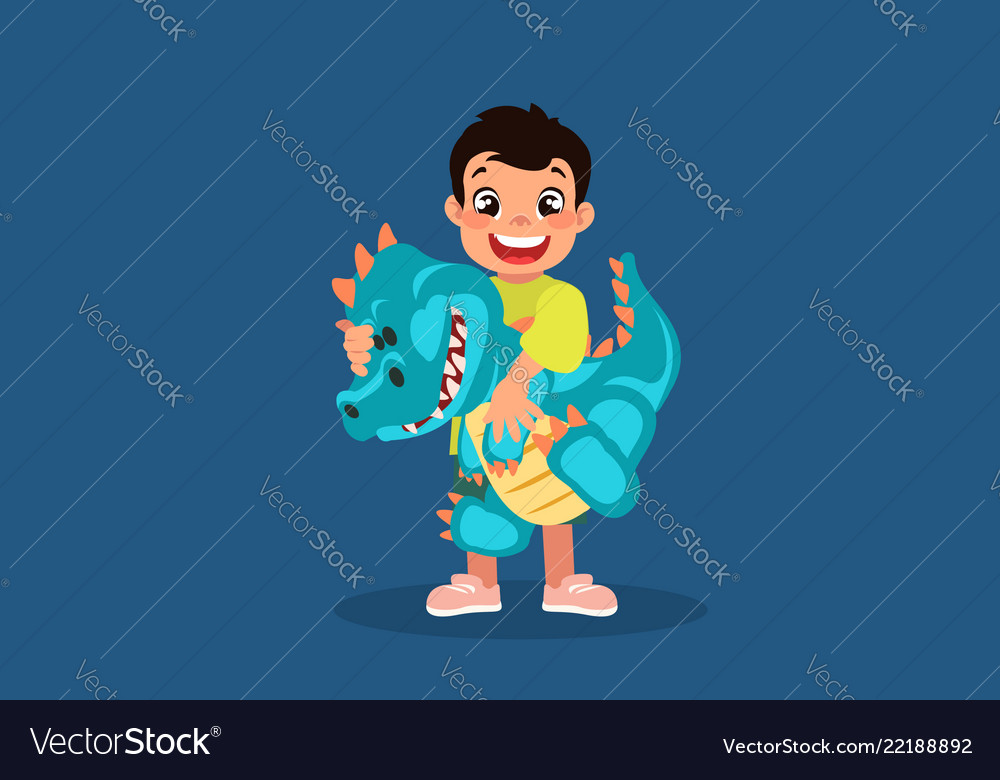 Little boy with a blue baby dinosaur toy cartoon Vector Image