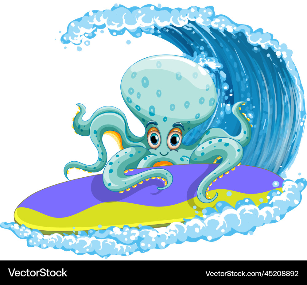 Octopus cartoon character on surfboard Royalty Free Vector