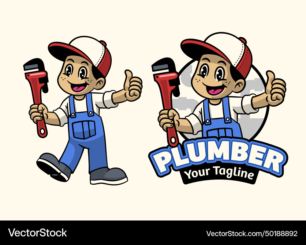 Plumber boy mascot logo with wrench Royalty Free Vector