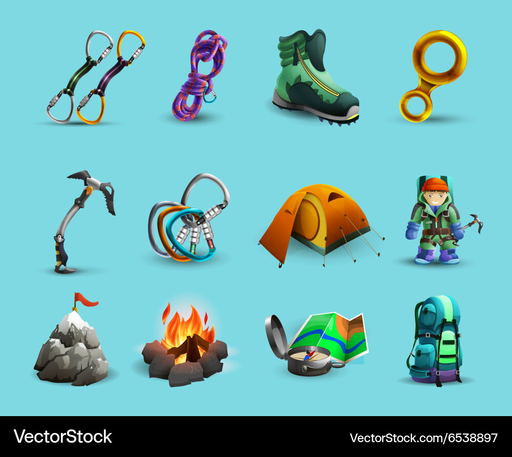 Alpine mountains climbing 3d icons set Royalty Free Vector