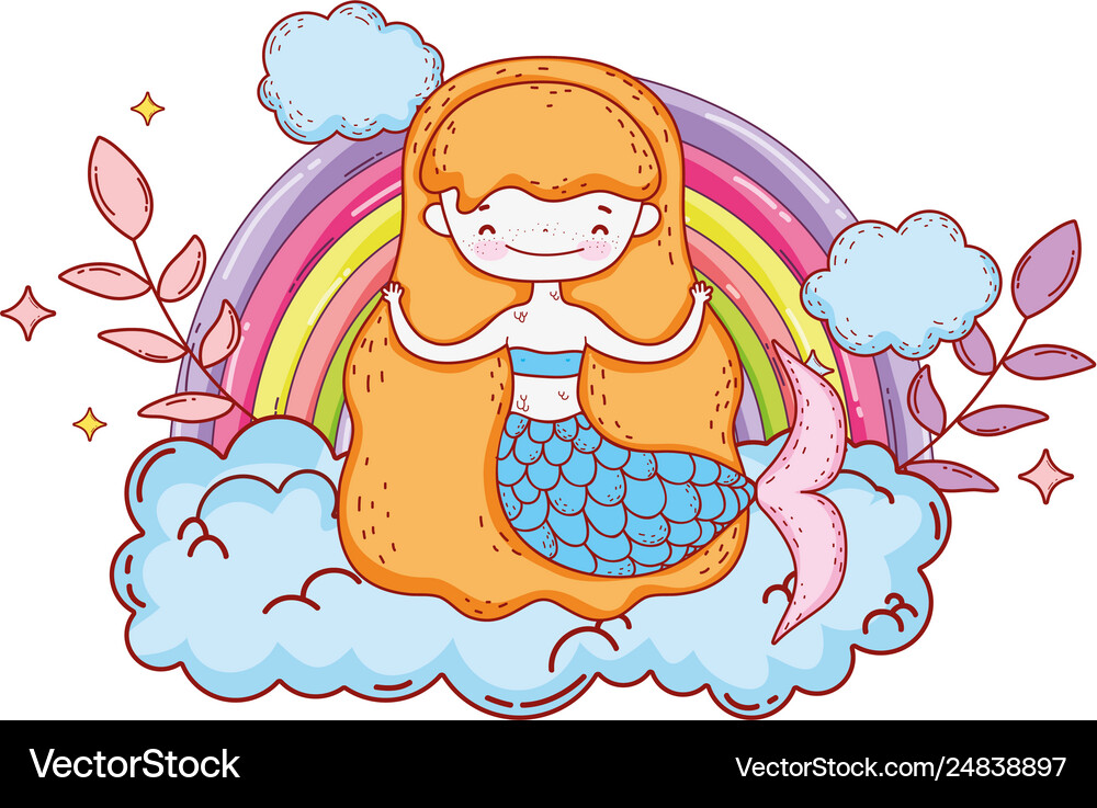 Cute mermaid with clouds and rainbow Royalty Free Vector
