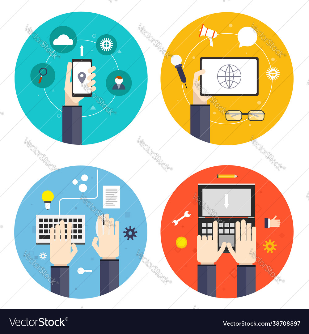 Hand holding objects flat set Royalty Free Vector Image