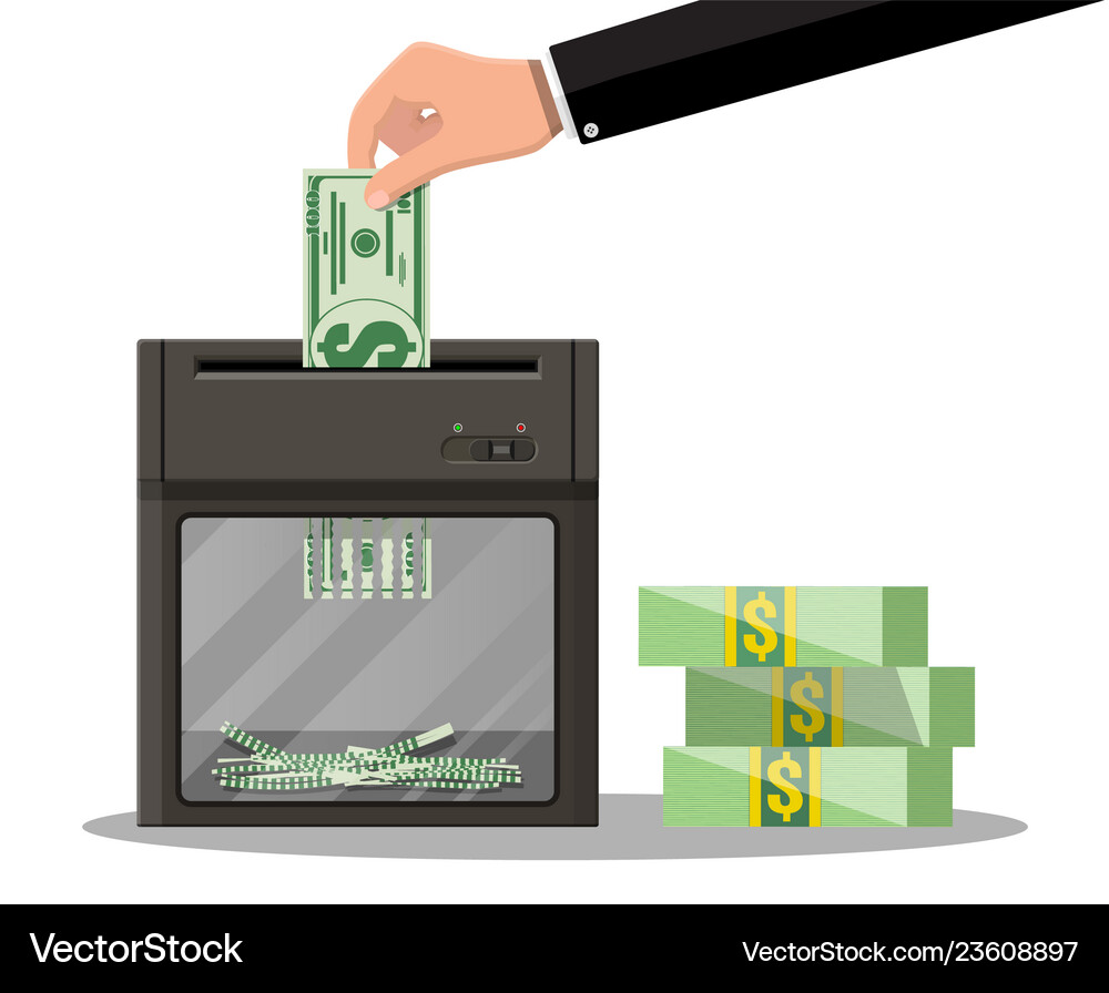 Hand putting dollar banknote in shredder machine Vector Image