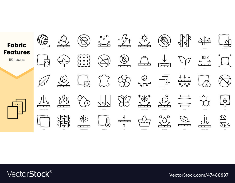 Set Of Fabric Features Icons Simple Line Art Vector Image