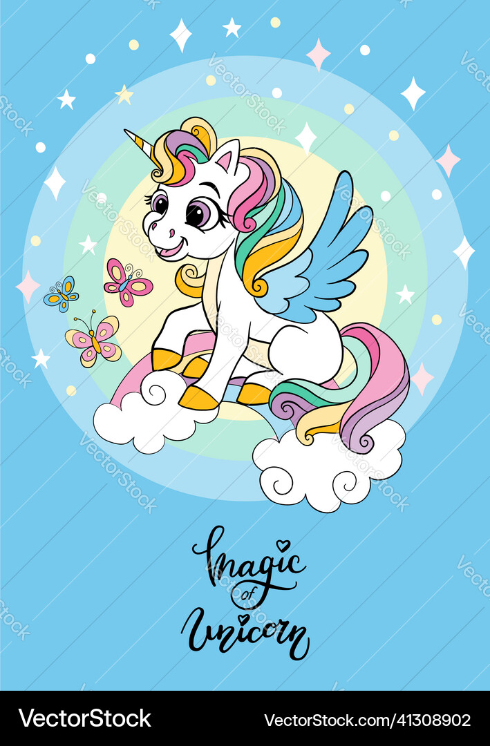 Cartoon unicorn on a raindow poster Royalty Free Vector