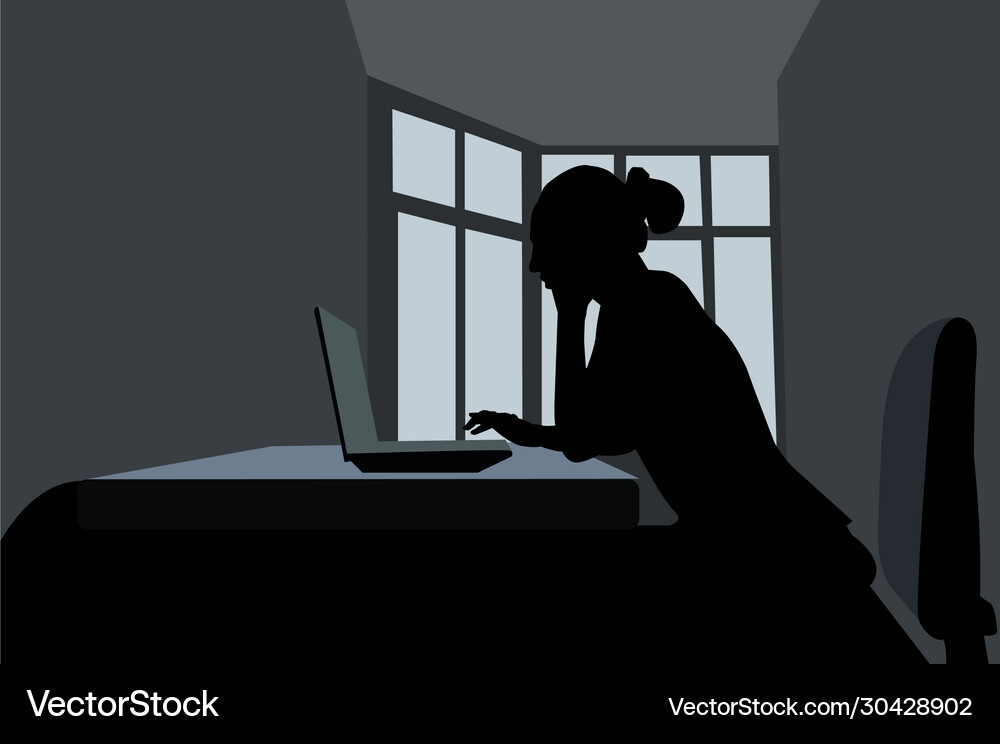 Girl at computer workplace in gray-black tones Vector Image