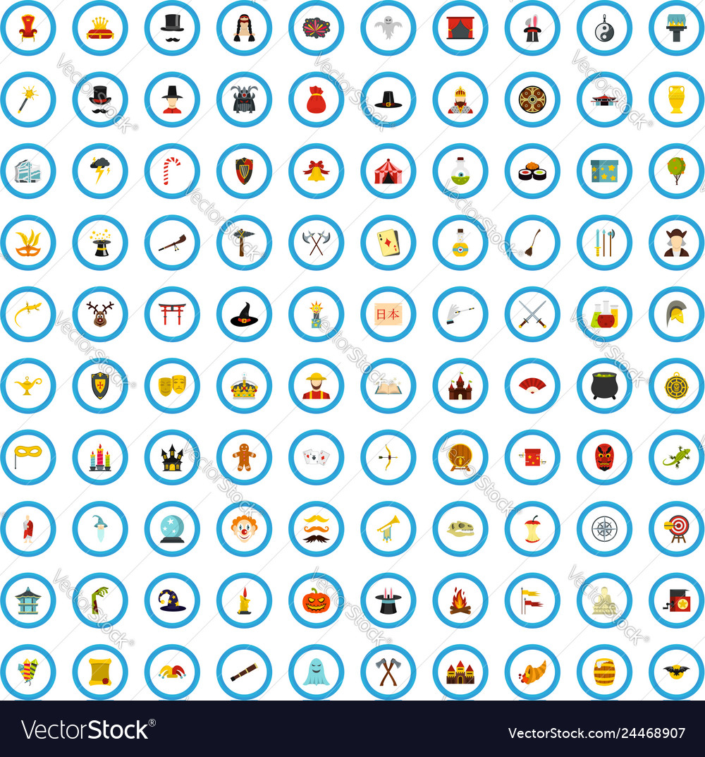 100 magic icons set flat style Royalty Free Vector Image