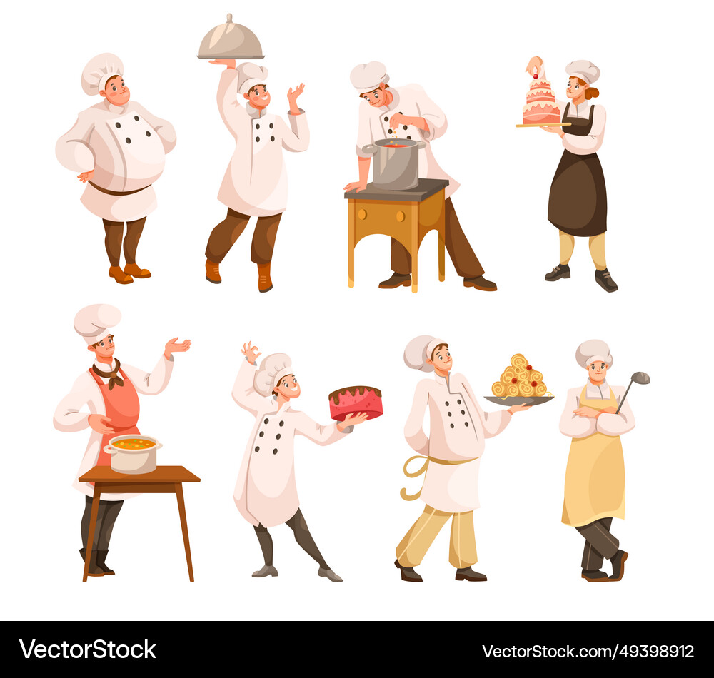 Cook or chef character in uniform cooking meal Vector Image