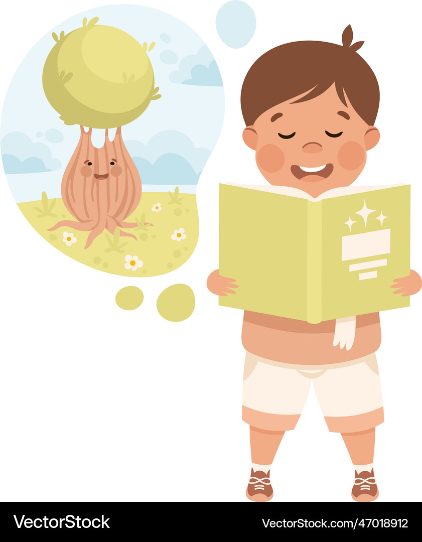 Little boy imagining fairy tree in bubble reading Vector Image