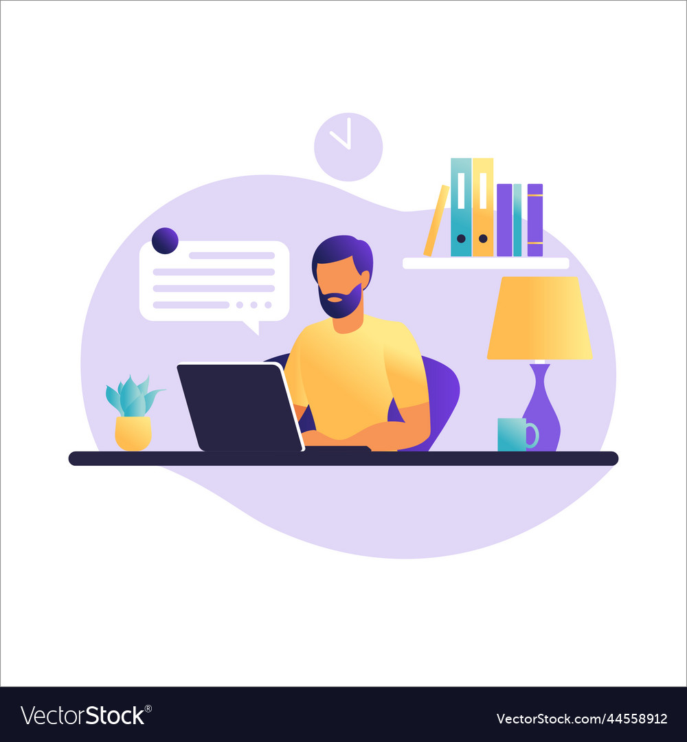 Man sitting table with laptop working Royalty Free Vector