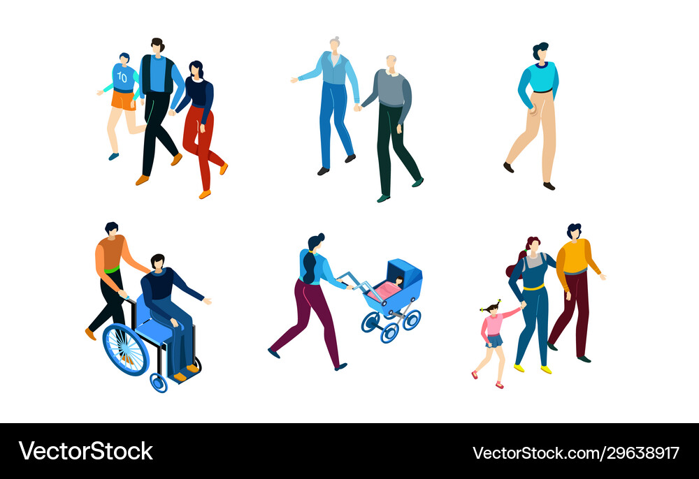 People walking isometric cartoon characters set Vector Image
