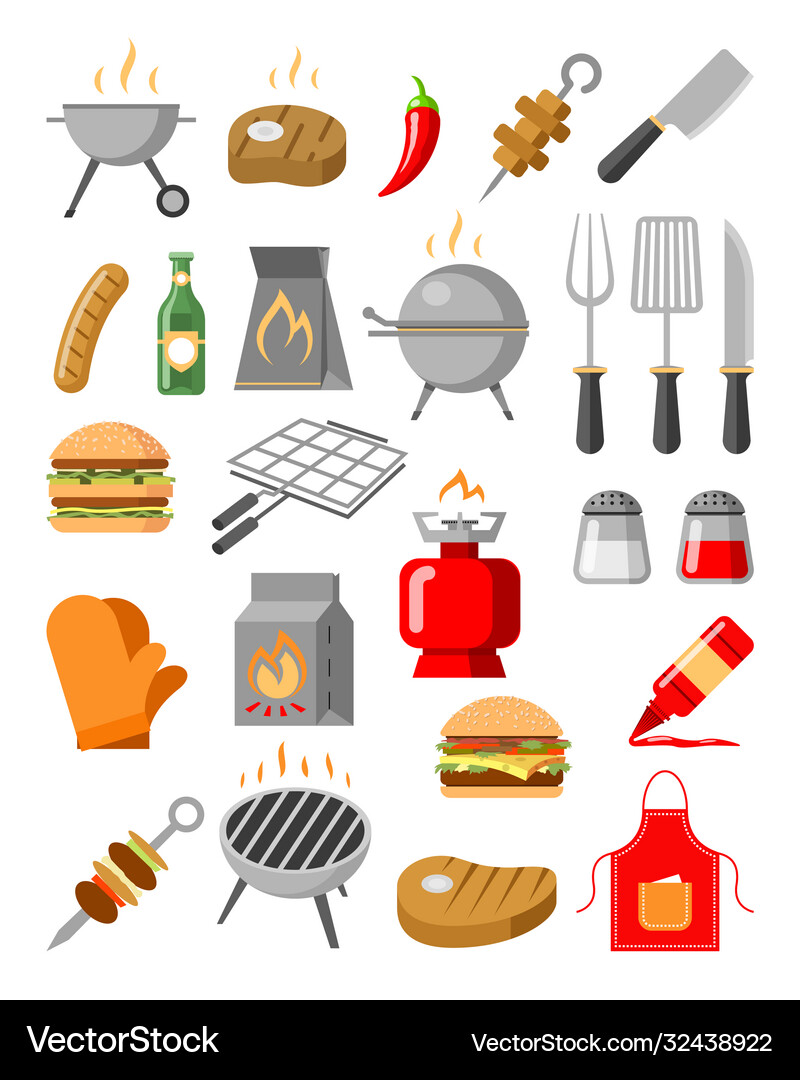 Barbecue grill cooking tools and ingredients set Vector Image