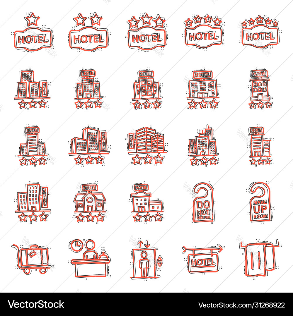 Hotel icon set in comic style booking cartoon Vector Image