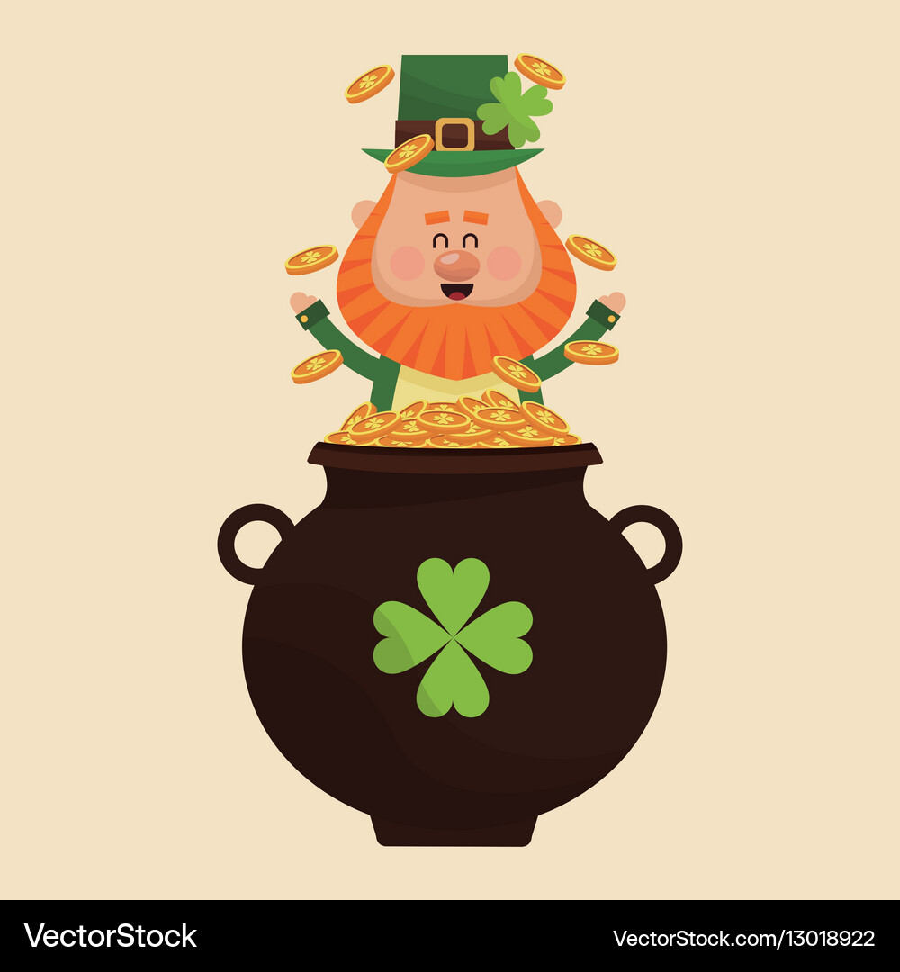 Leprechaun happy tossing gold pot Royalty Free Vector Image