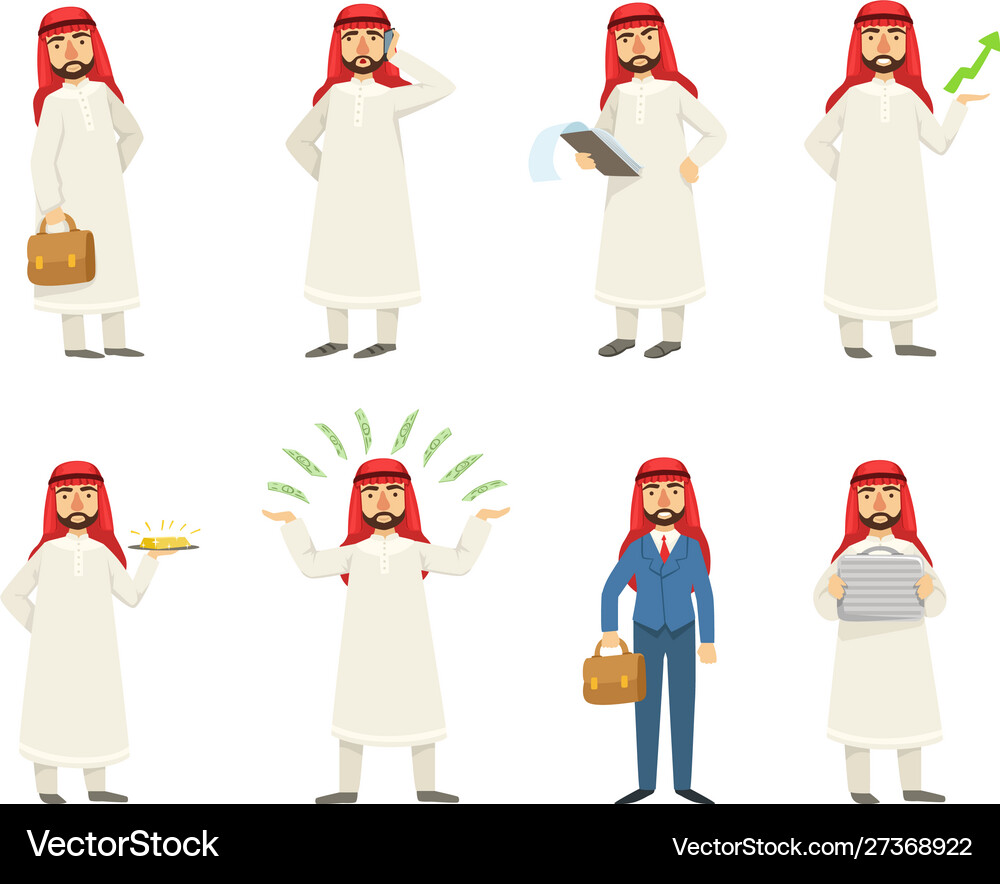 Set images arab men in white clothes Royalty Free Vector