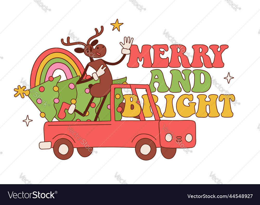 Groovy retro christmas pickup truck carries Vector Image