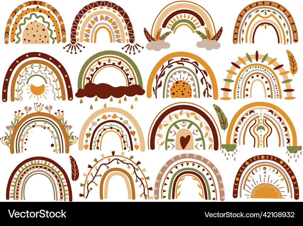 Collection boho rainbows with hearts flowers Vector Image