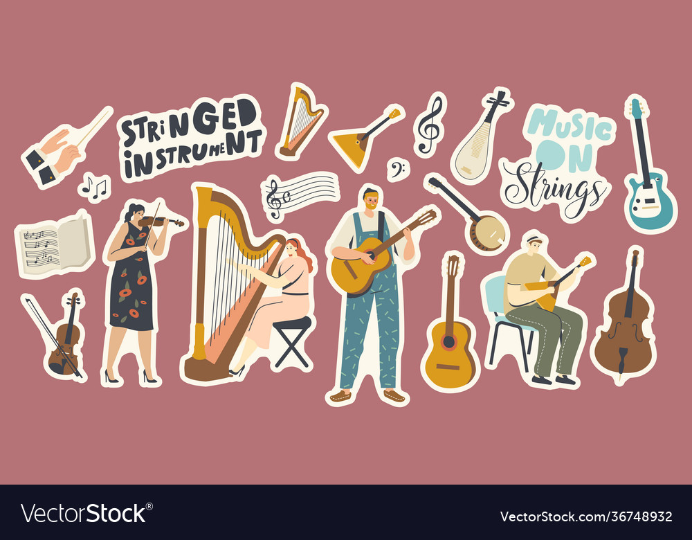 Set stickers stringed instruments theme Royalty Free Vector