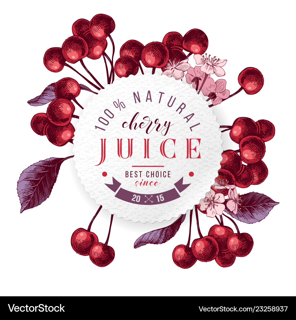 Cherry juice paper emblem over hand drawn Vector Image