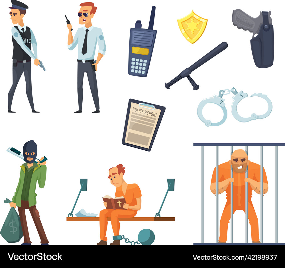 Criminal characters and policemen Royalty Free Vector Image
