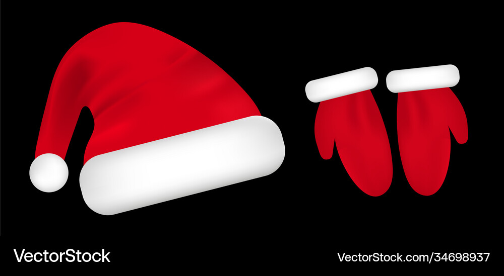 Santa hat and mittens isolated on black Royalty Free Vector