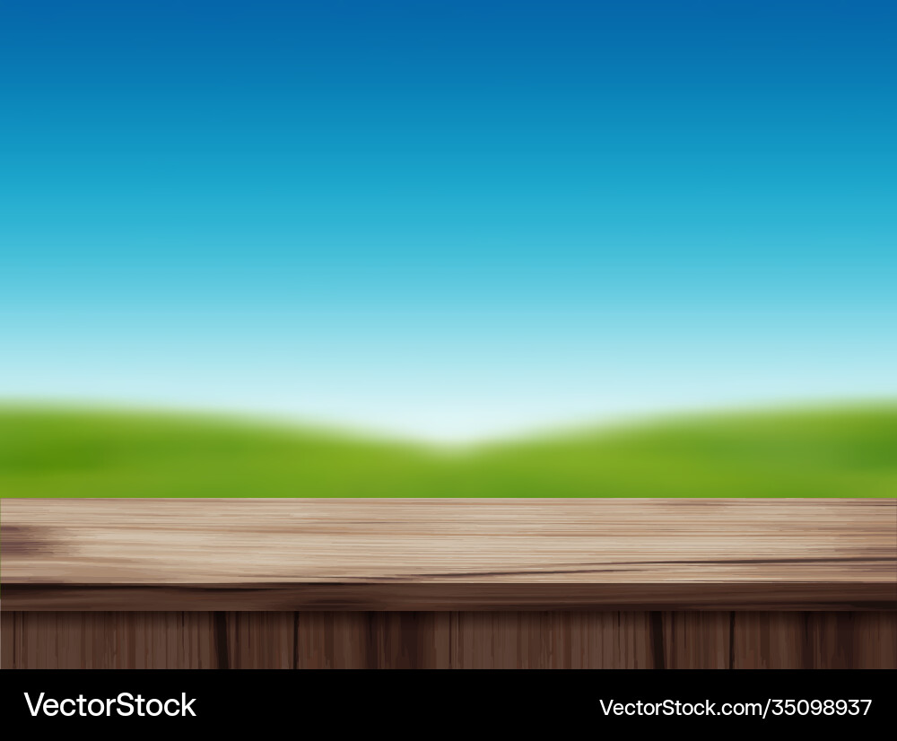 Wood table top and blurred blue sky landscape Vector Image