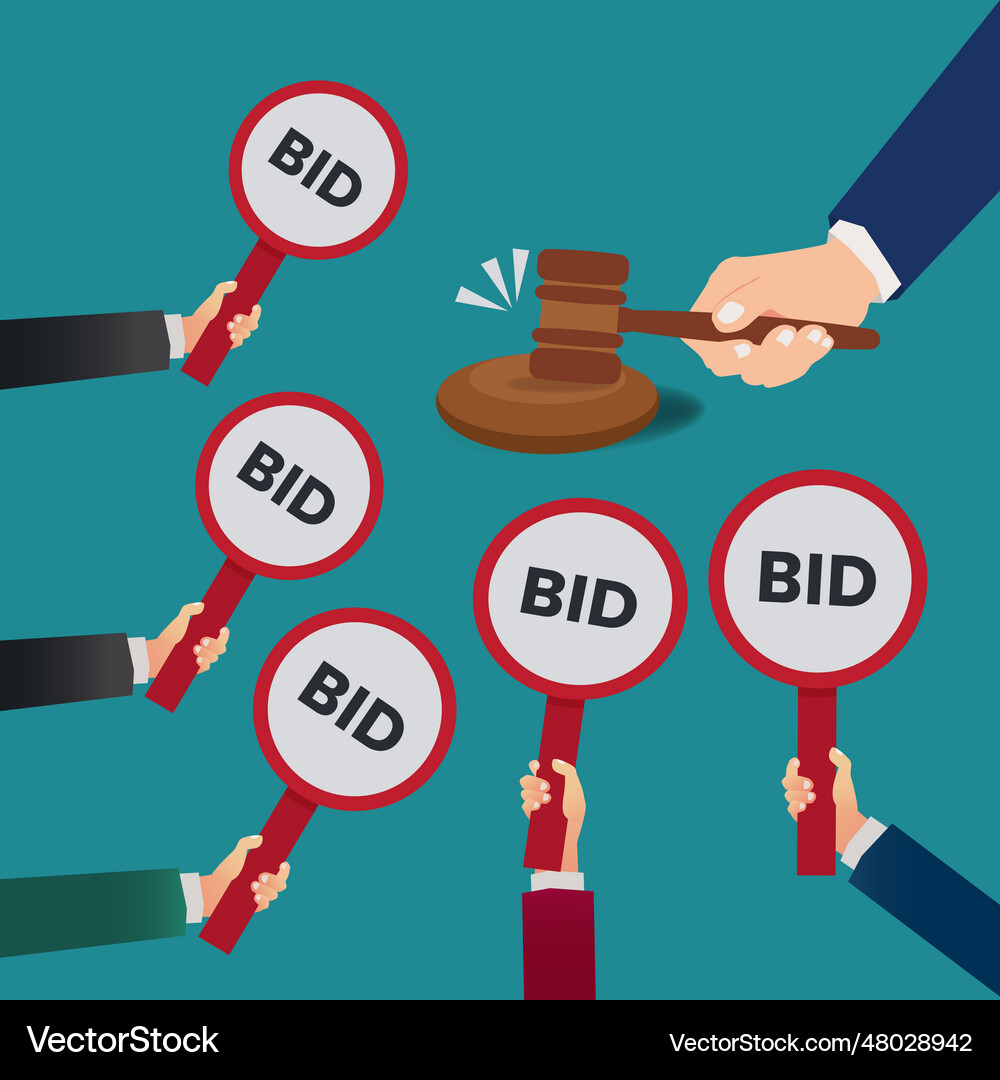Hands holding bid paddle auctioneer with gavel Vector Image