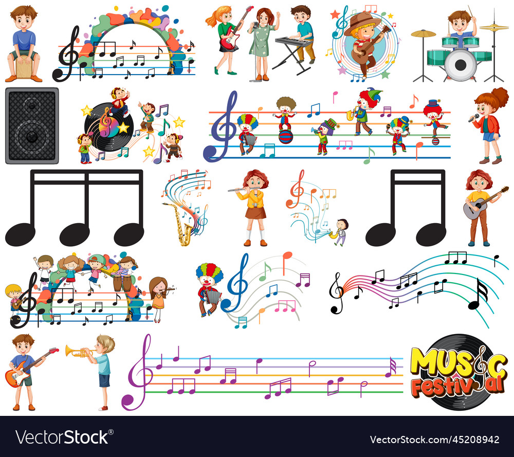 Kids musical instruments and music symbols set Vector Image