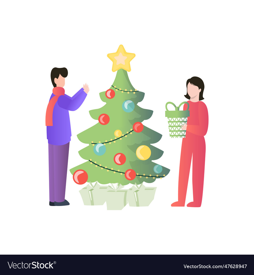 A boy and girl are decorating christmas tree Vector Image