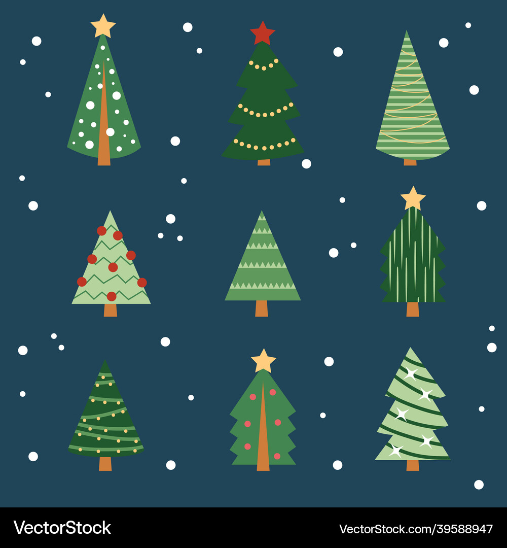 Cartoon christmas tree set on dark blue background
