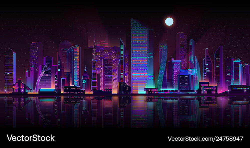 Metropolis night landscape neon cartoon Royalty Free Vector