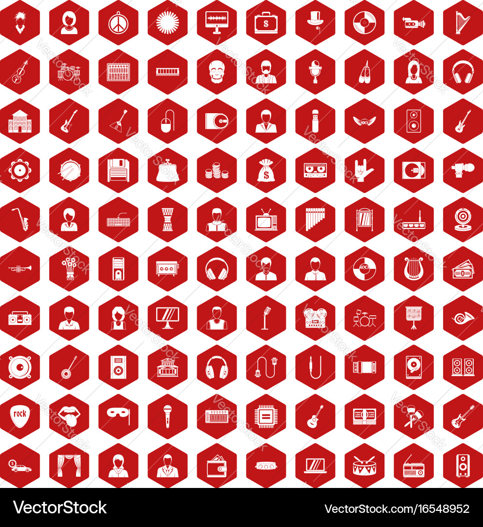 100 music icons hexagon red Royalty Free Vector Image