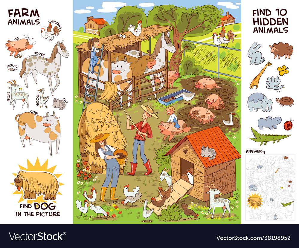 Farm life and farm animals find 10 hidden objects Vector Image Farm life and farm animals find 10 hidden objects Vector Image