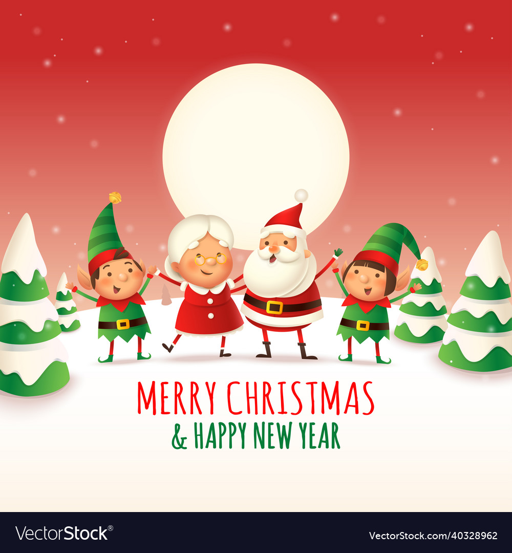 Santa claus mrs and elves celebrate Royalty Free Vector
