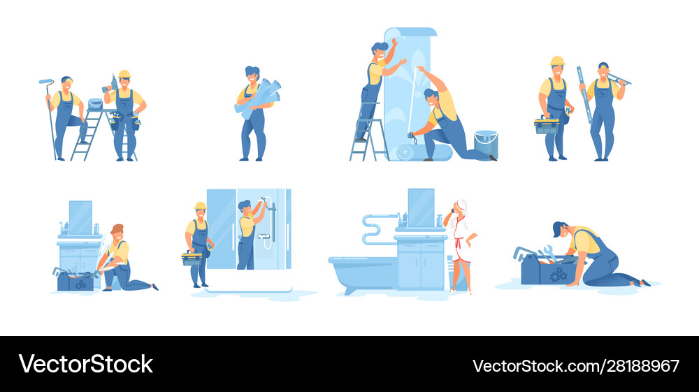 Cartoon repairmen at work scenes flat set Vector Image