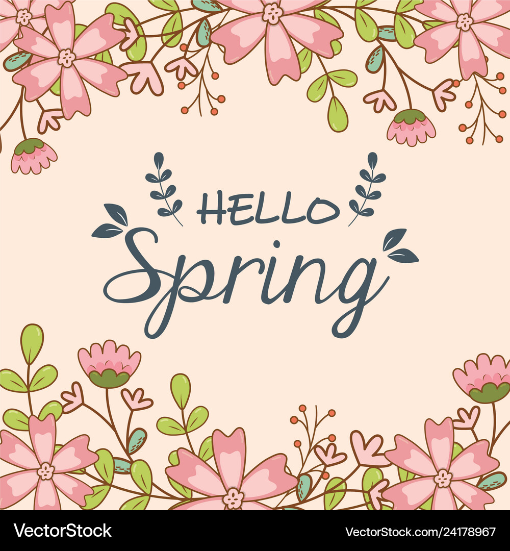 Hello spring label with flowers wreath crown Vector Image