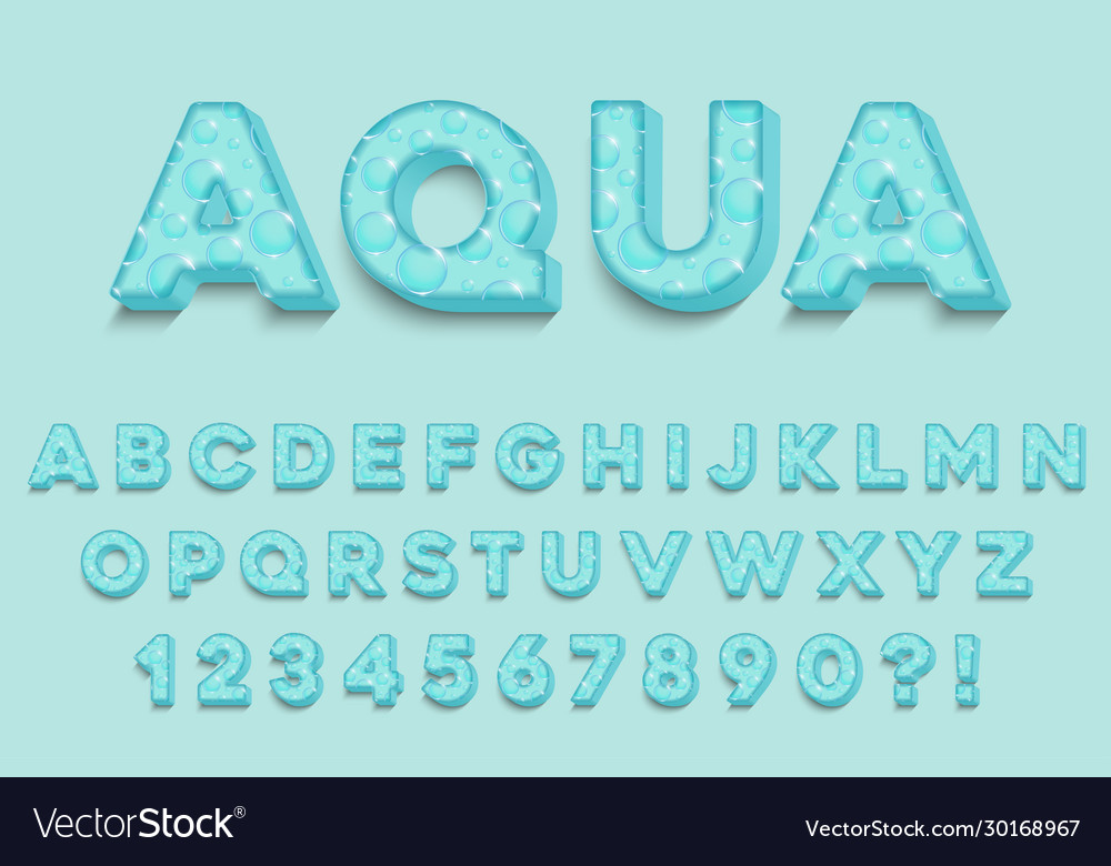 Modern 3d aqua alphabet letters numbers Royalty Free Vector