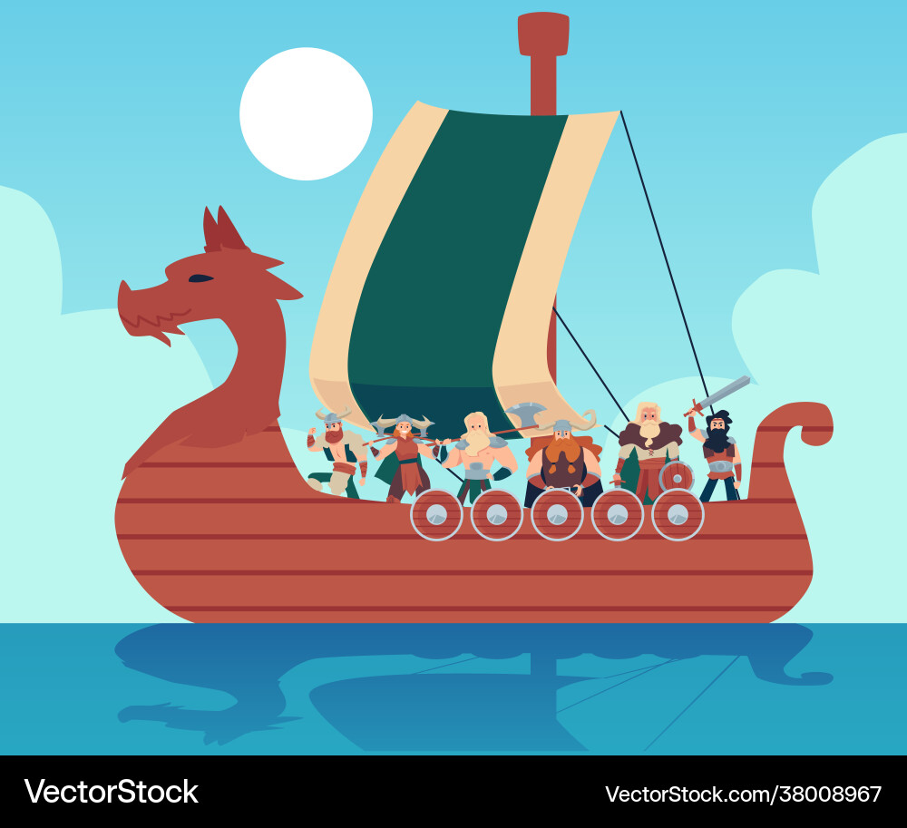 Scandinavian ship drakkar with vikings on board Vector Image