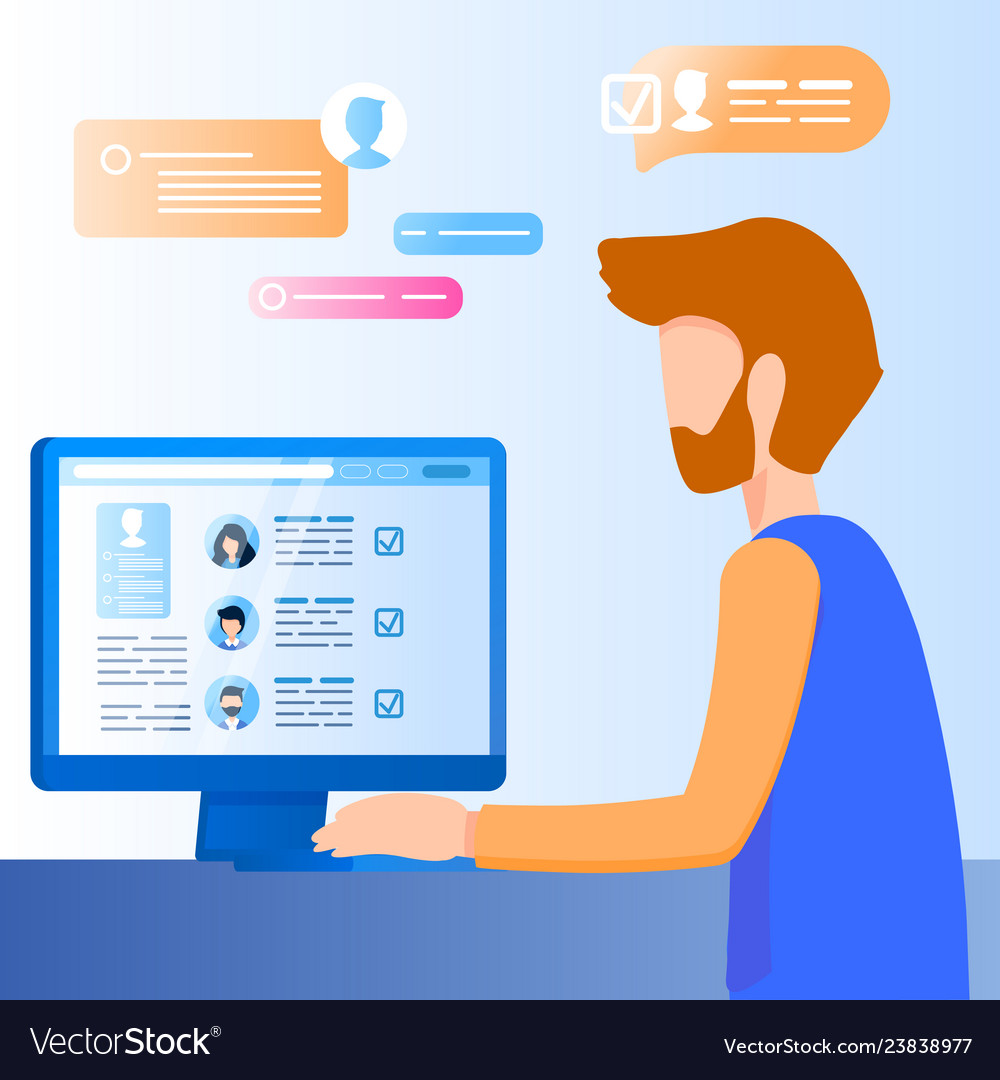 Businessman carefully look at computer screen Vector Image