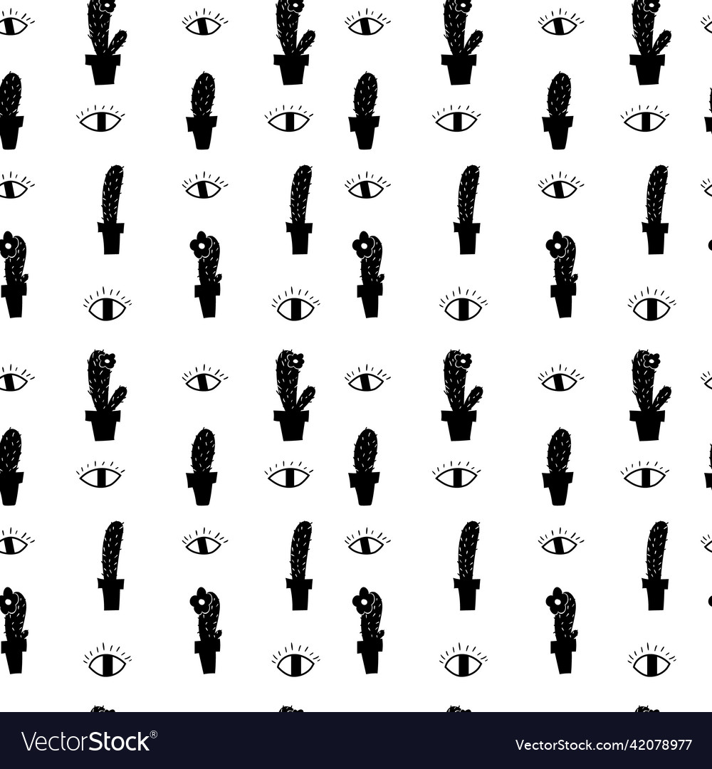Eyes and cactuses seamless pattern in hand-drawn Vector Image