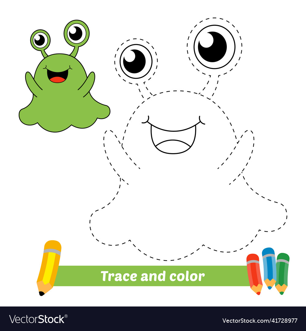 Trace and color for kids alien monster Royalty Free Vector