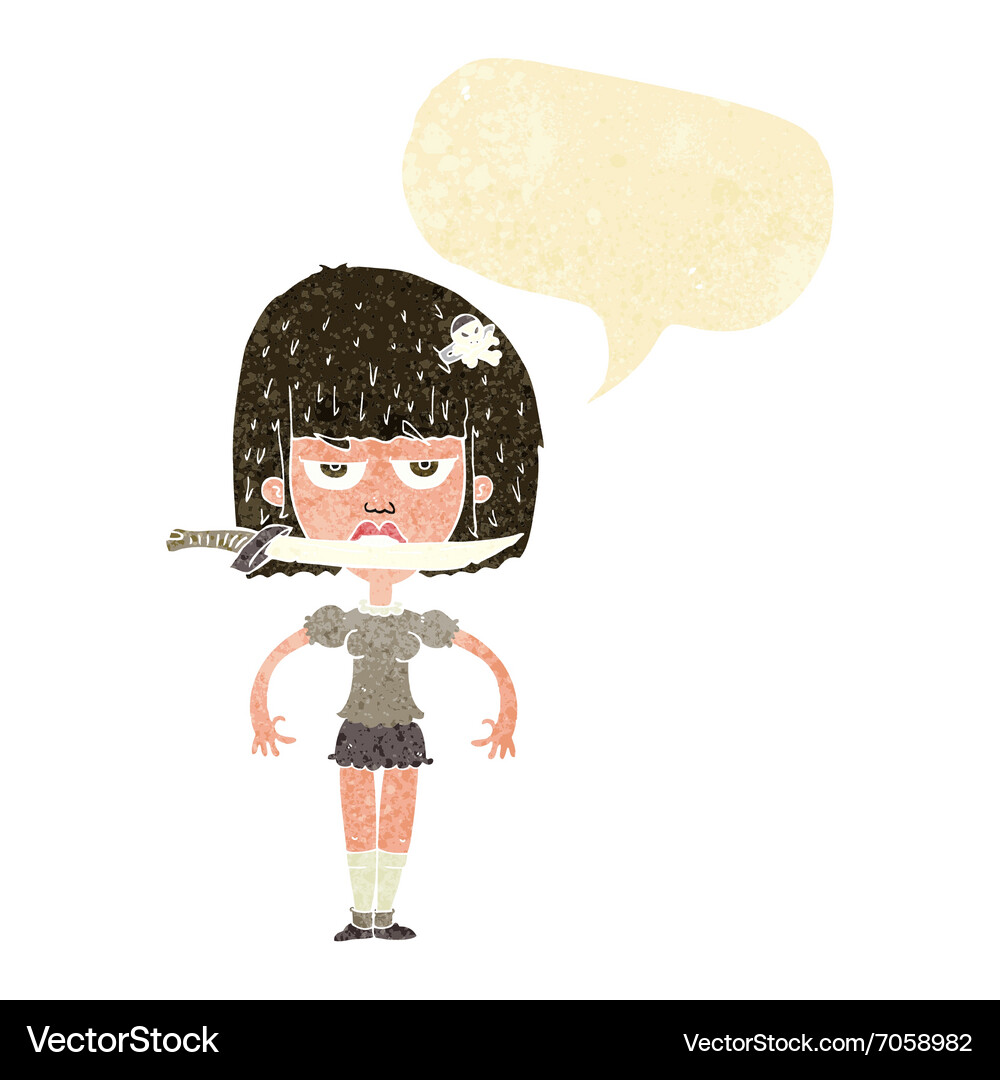Cartoon woman with knife between teeth with speech
