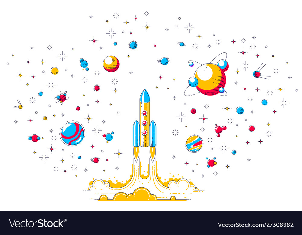 Rocket launch into undiscovered space surrounded Vector Image
