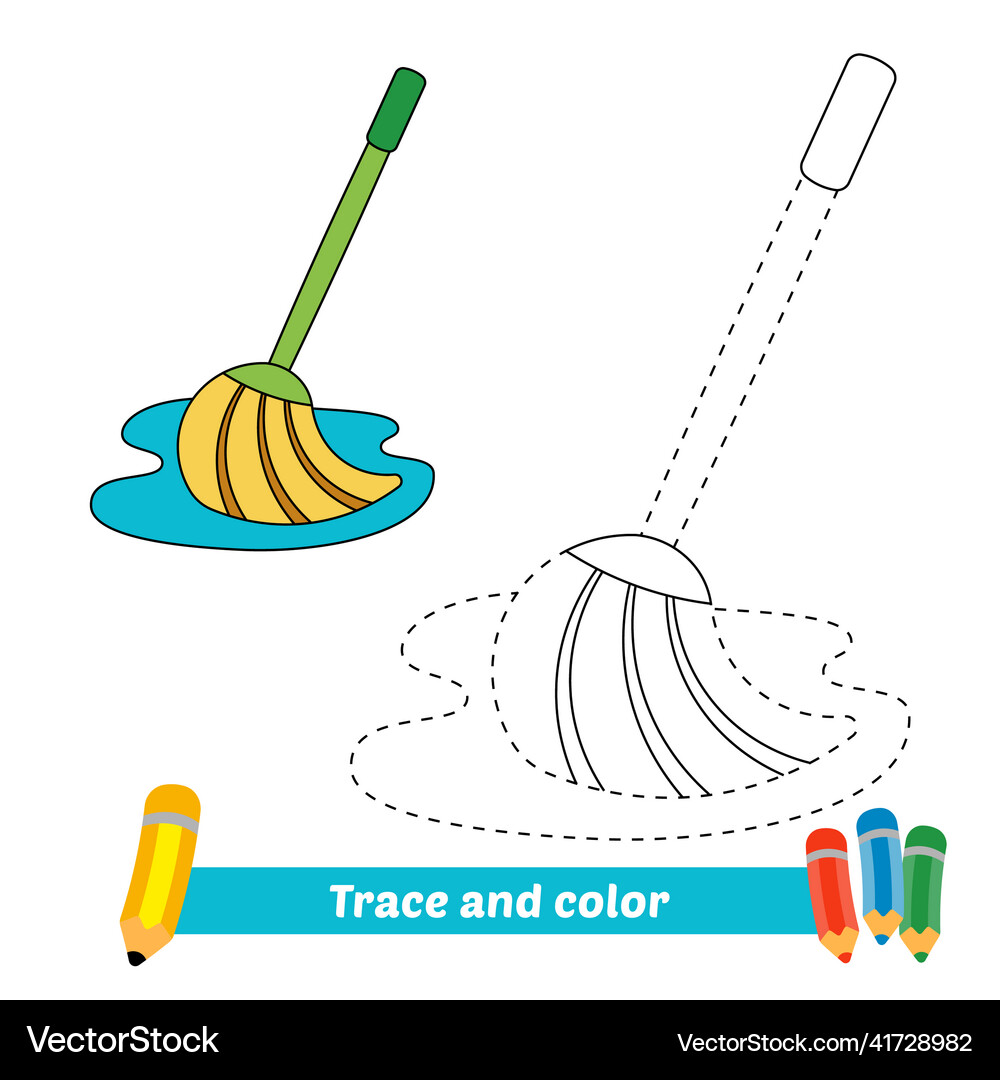 Trace and color for kids mop Royalty Free Vector Image