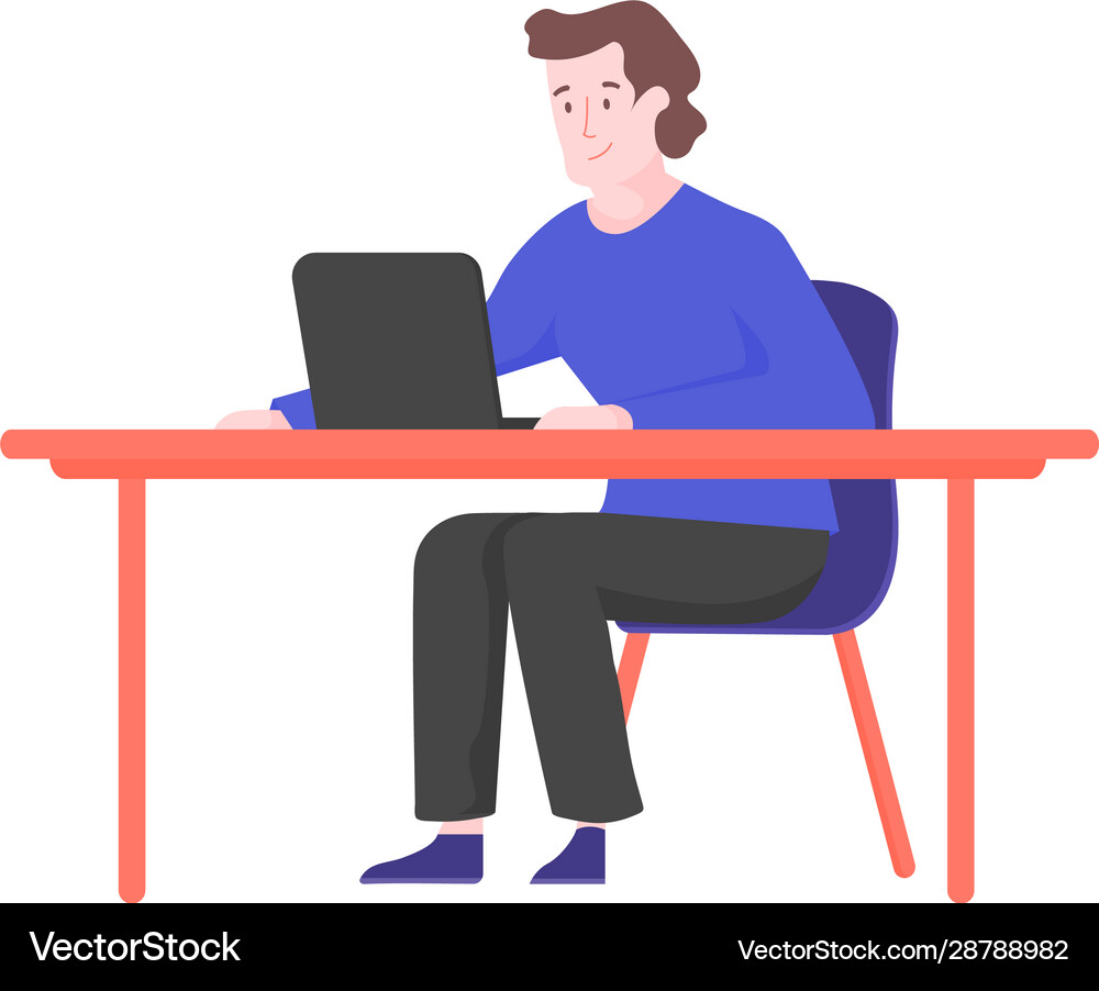Young man is siting at a desk in front a laptop Vector Image