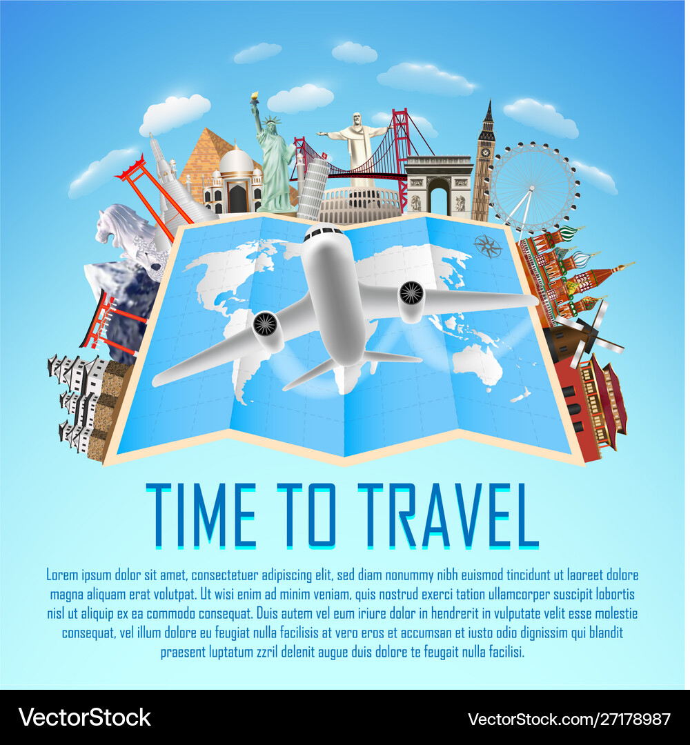 Airplane fly over world map with world landmark Vector Image