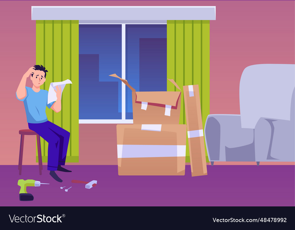 Confused man having difficulty assembling Vector Image