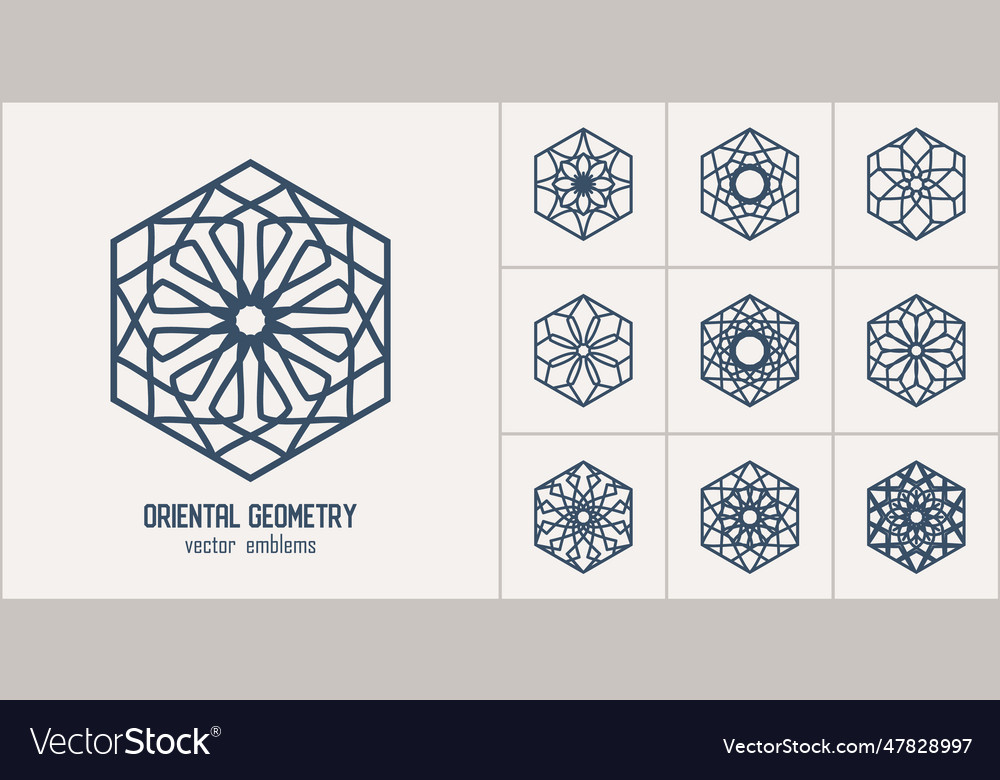 Arabic hexagonal geometric emblems set Royalty Free Vector