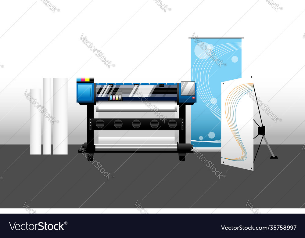 Blue plotter printer with media Royalty Free Vector Image