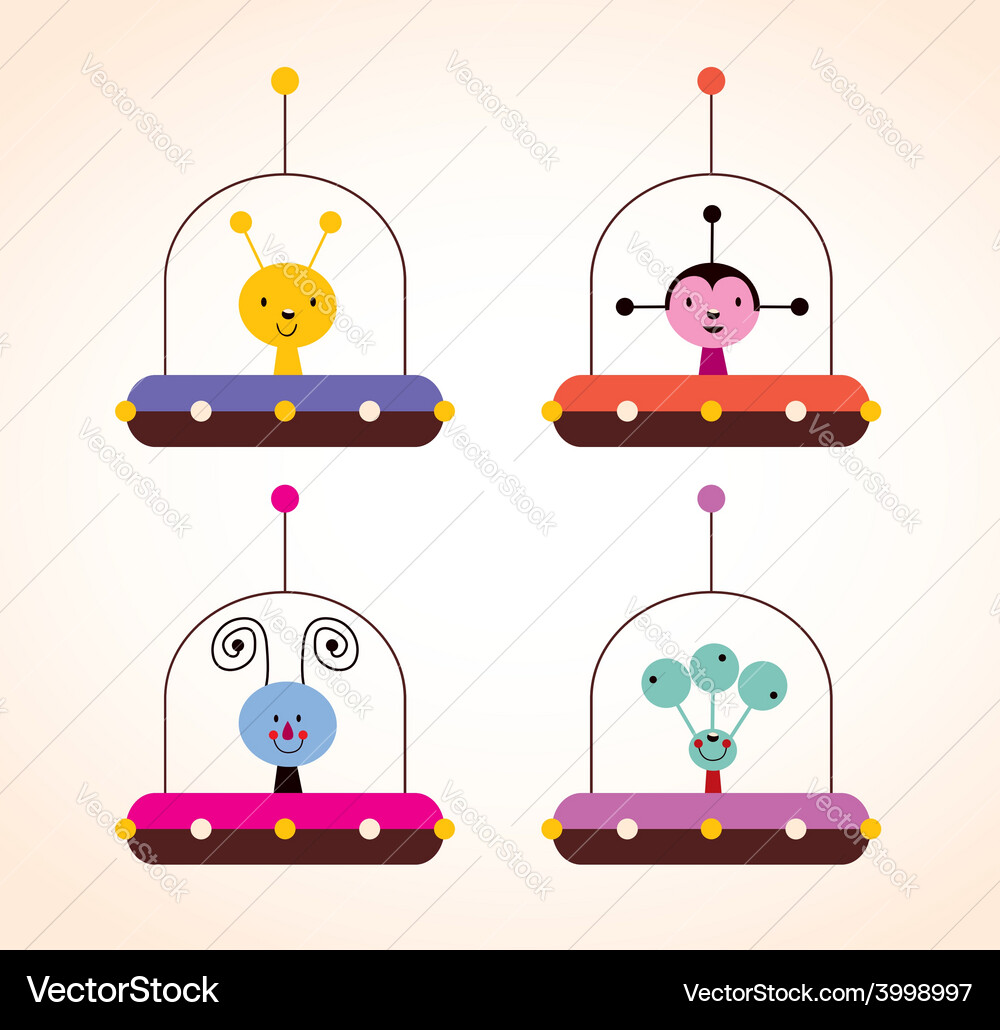 Cute aliens in spaceships kids design elements set